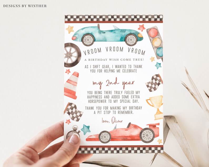 Editable Race Car Thank You Card, Racing Birthday, Traffic, Fast Speed ...