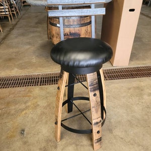 Whiskey Barrel Stave Bar Stools With Cushioned Swivel Seats and Backs ...