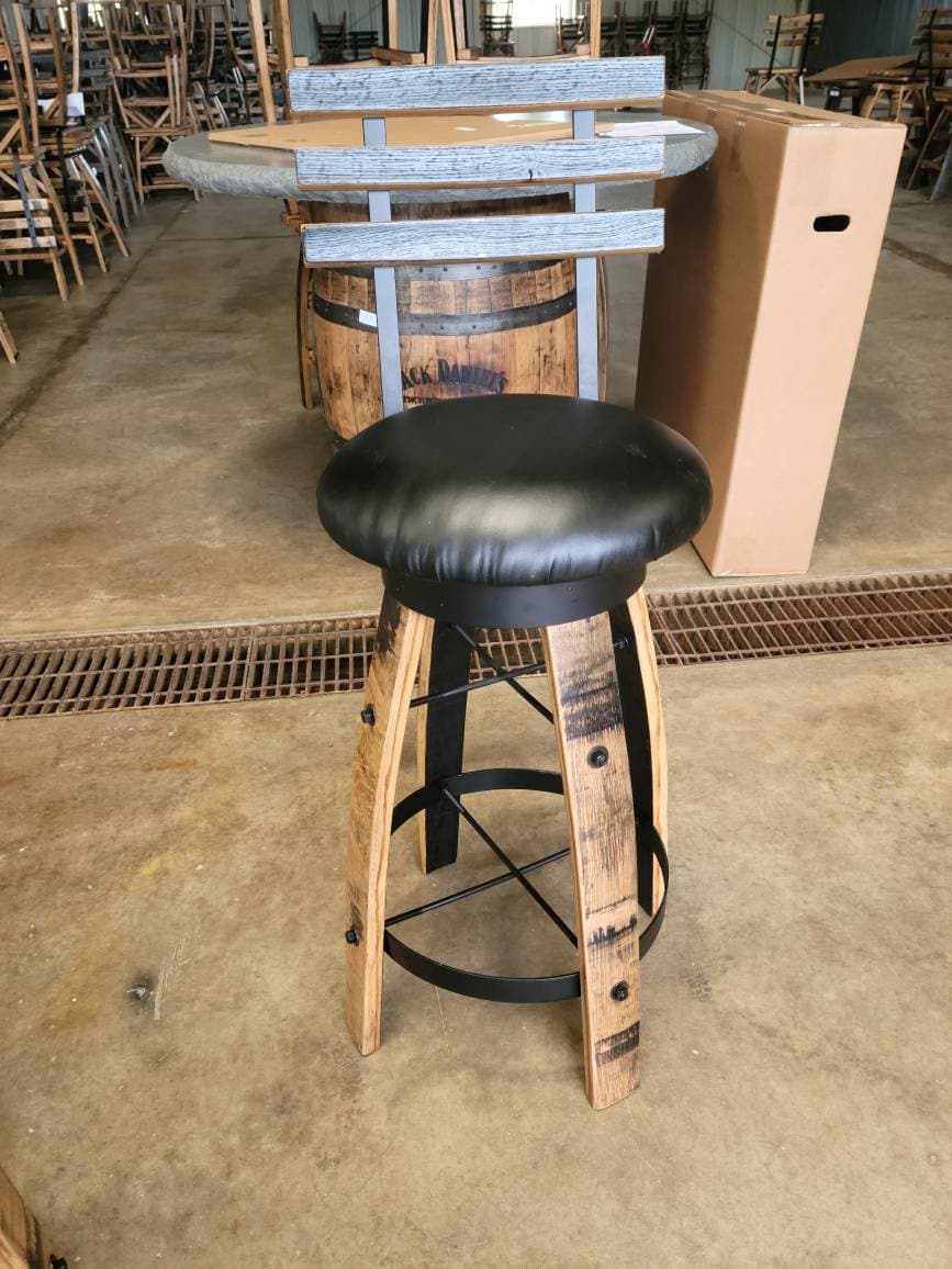 Whiskey Barrel Stave Bar Stools With Cushioned Swivel Seats and Backs ...
