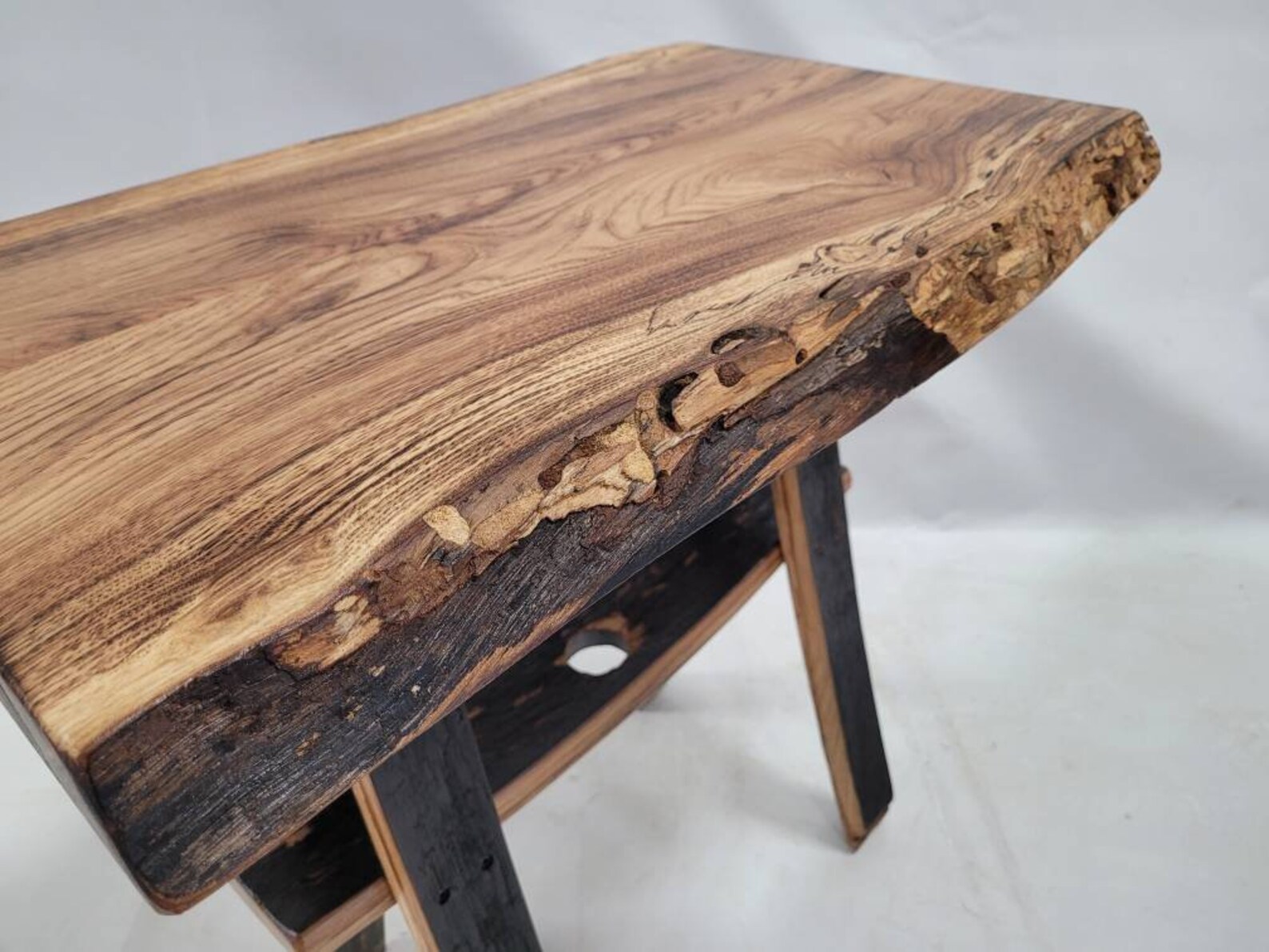 Live Edge Burnt Hickory End Table With Whiskey Barrel Stave Legs and ...