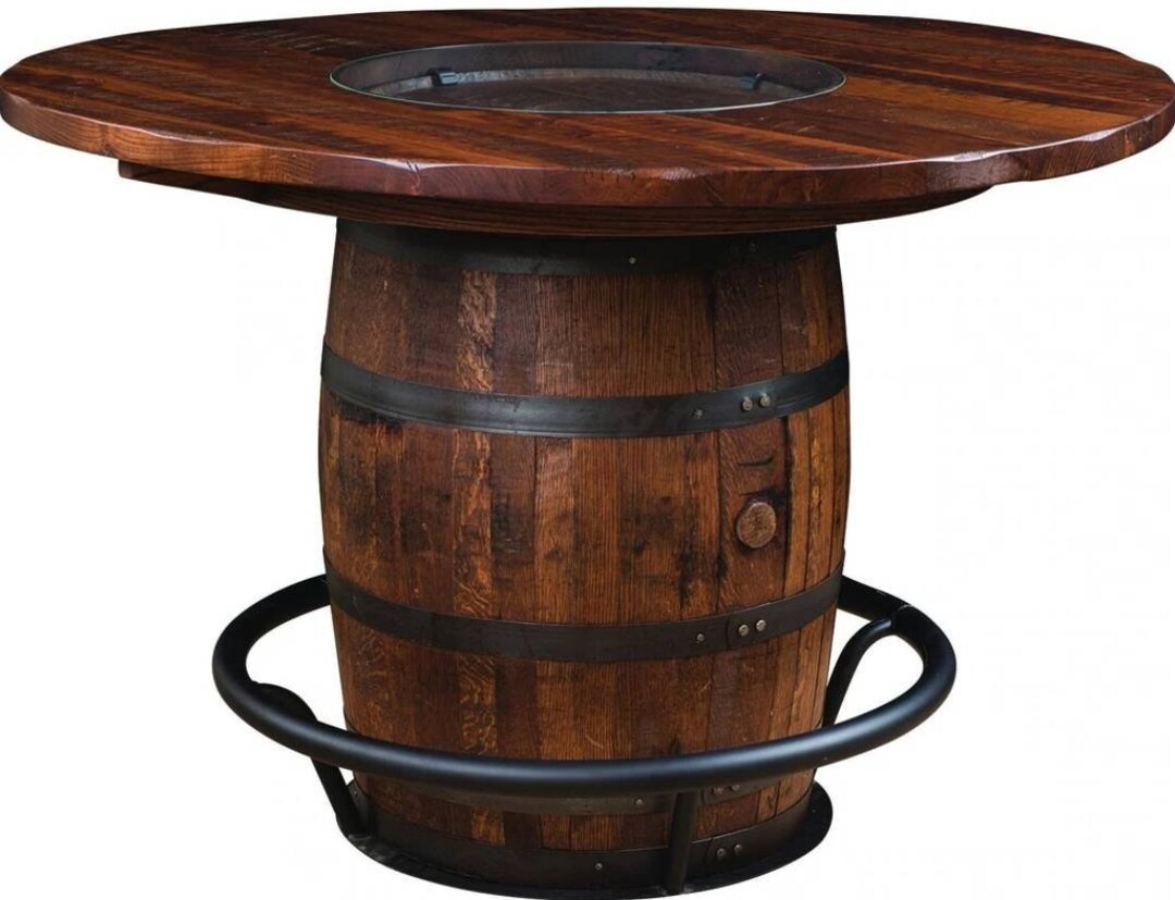 Reclaimed Whiskey Barrel Pub Table With Footrest, 48" Reclaimed ...