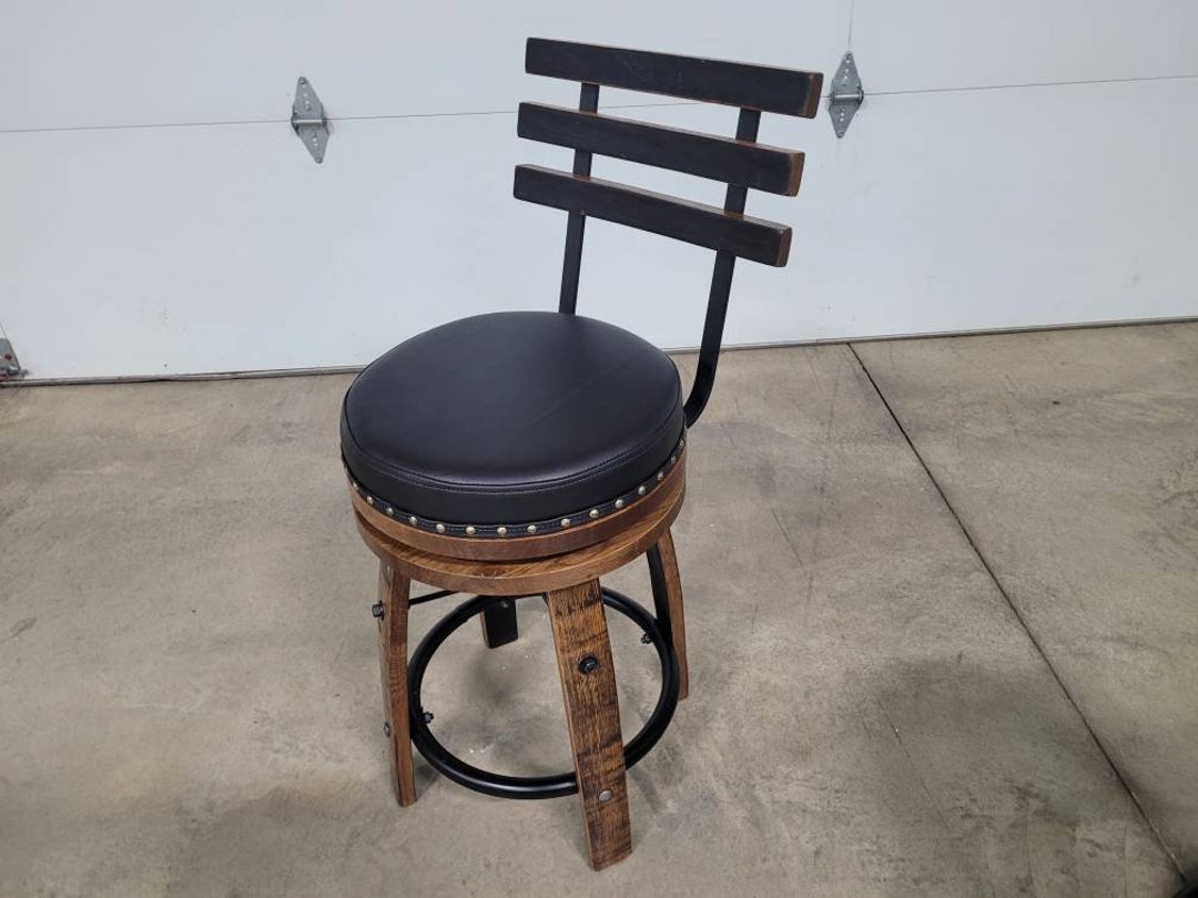 Whiskey Barrel Stave Bar Stool With Real Leather Cushioned Swivel Seat ...
