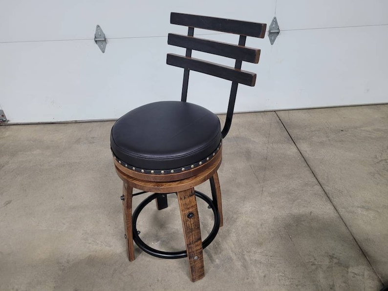 Whiskey Barrel Stave Bar Stool With Real Leather Cushioned Swivel Seat ...