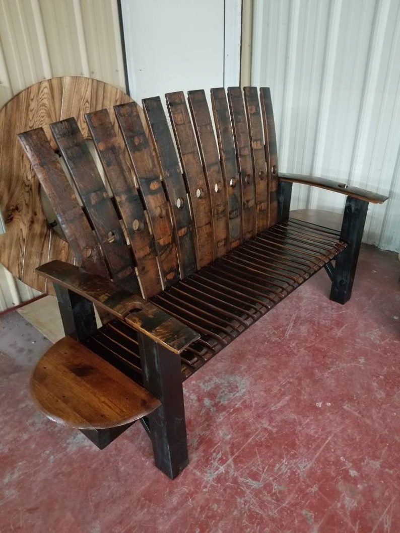 Whiskey Barrel Stave Bench With End Tables - Rustic Outdoor Seating - Etsy