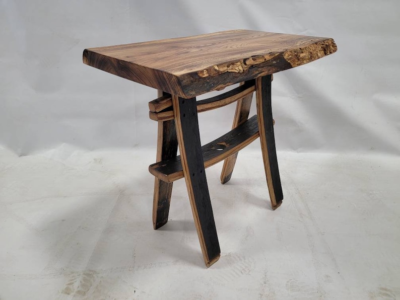 Live Edge Burnt Hickory End Table With Whiskey Barrel Stave Legs and ...