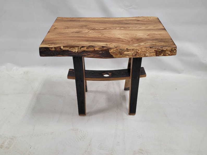 Live Edge Burnt Hickory End Table With Whiskey Barrel Stave Legs and ...