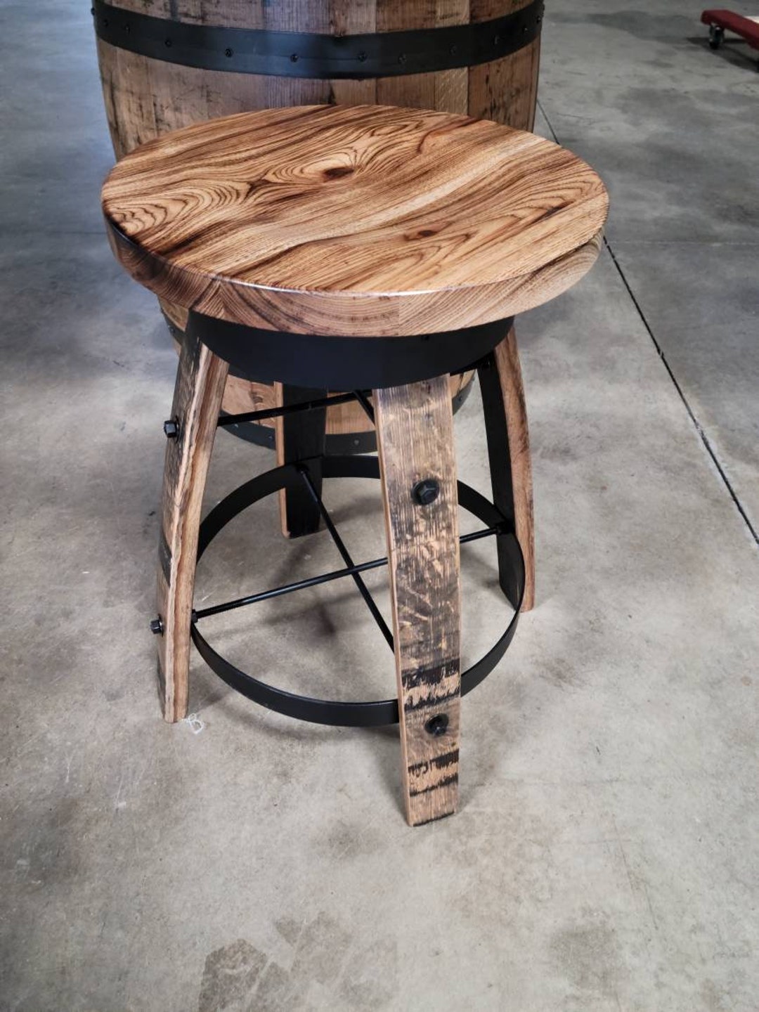 Whiskey Barrel Stave Bar Stool, Burnt Hickory Swivel Seat, Rustic Metal ...