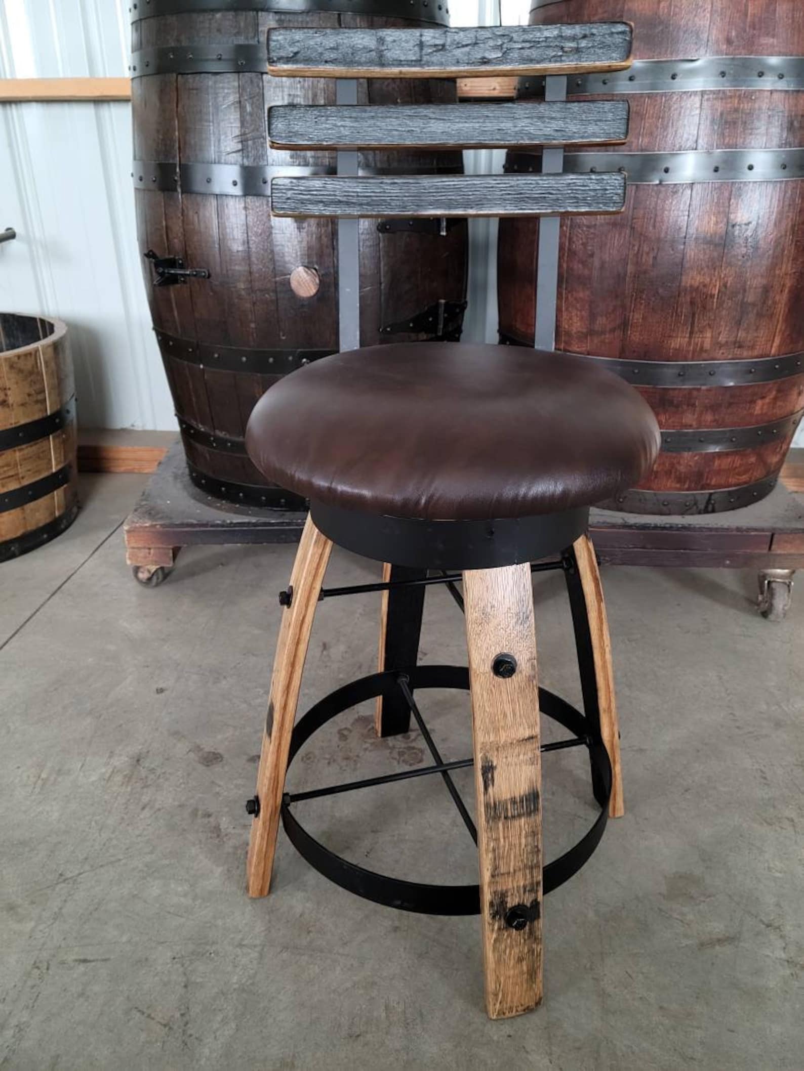 Whiskey Barrel Stave Bar Stools with Cushioned Swivel Seats | Etsy
