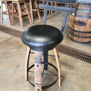 Whiskey Barrel Stave Bar Stools With Cushioned Swivel Seats and Backs ...