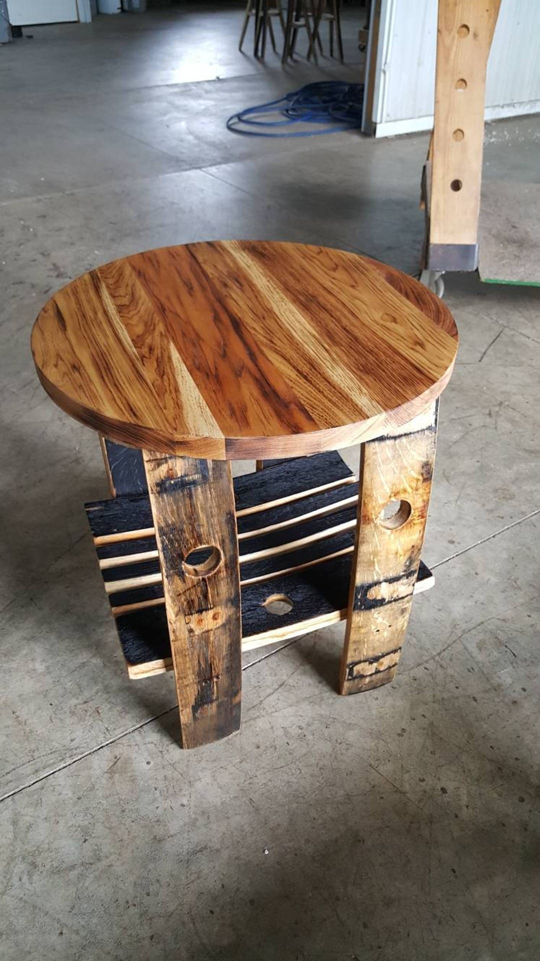 End Table With Whiskey Barrel Stave Legs and Shelf, Hickory Top - Etsy