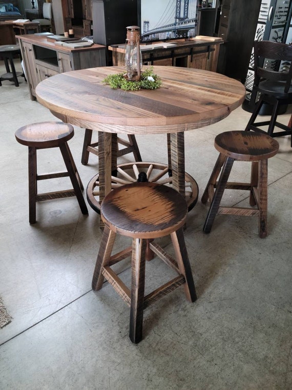 Reclaimed Lumber Wagon Wheel Table With Four Reclaimed Barstools Free Shipping Etsy UK