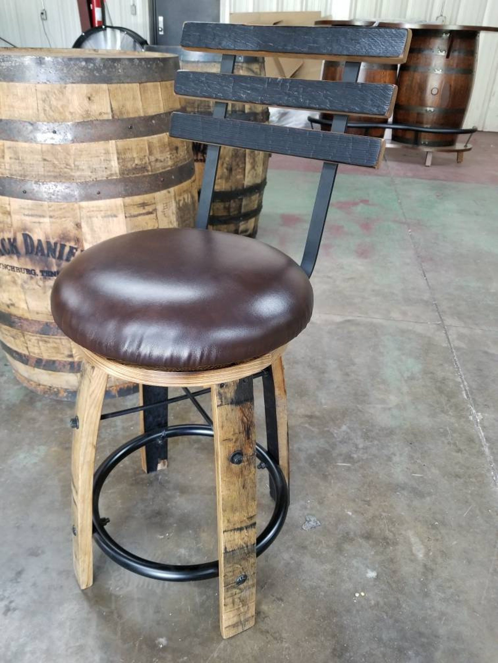 Whiskey Barrel Stave Bar Stool With Cushioned Swivel Seat, Footrest ...