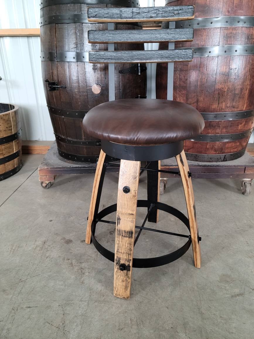 Whiskey Barrel Stave Bar Stools With Cushioned Swivel Seats and Backs ...
