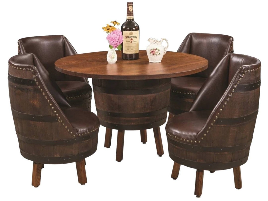 Whiskey Barrel Table Set With 4 Upholstered Chairs, Authentic Kentucky ...