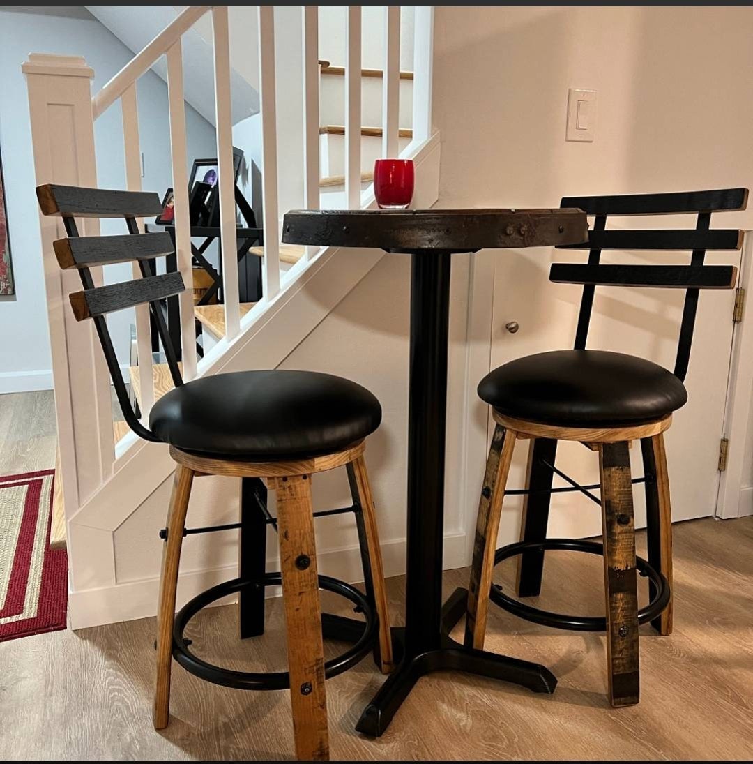 Whiskey Barrel Stave Bar Stool With Cushioned Swivel Seat, Footrest ...