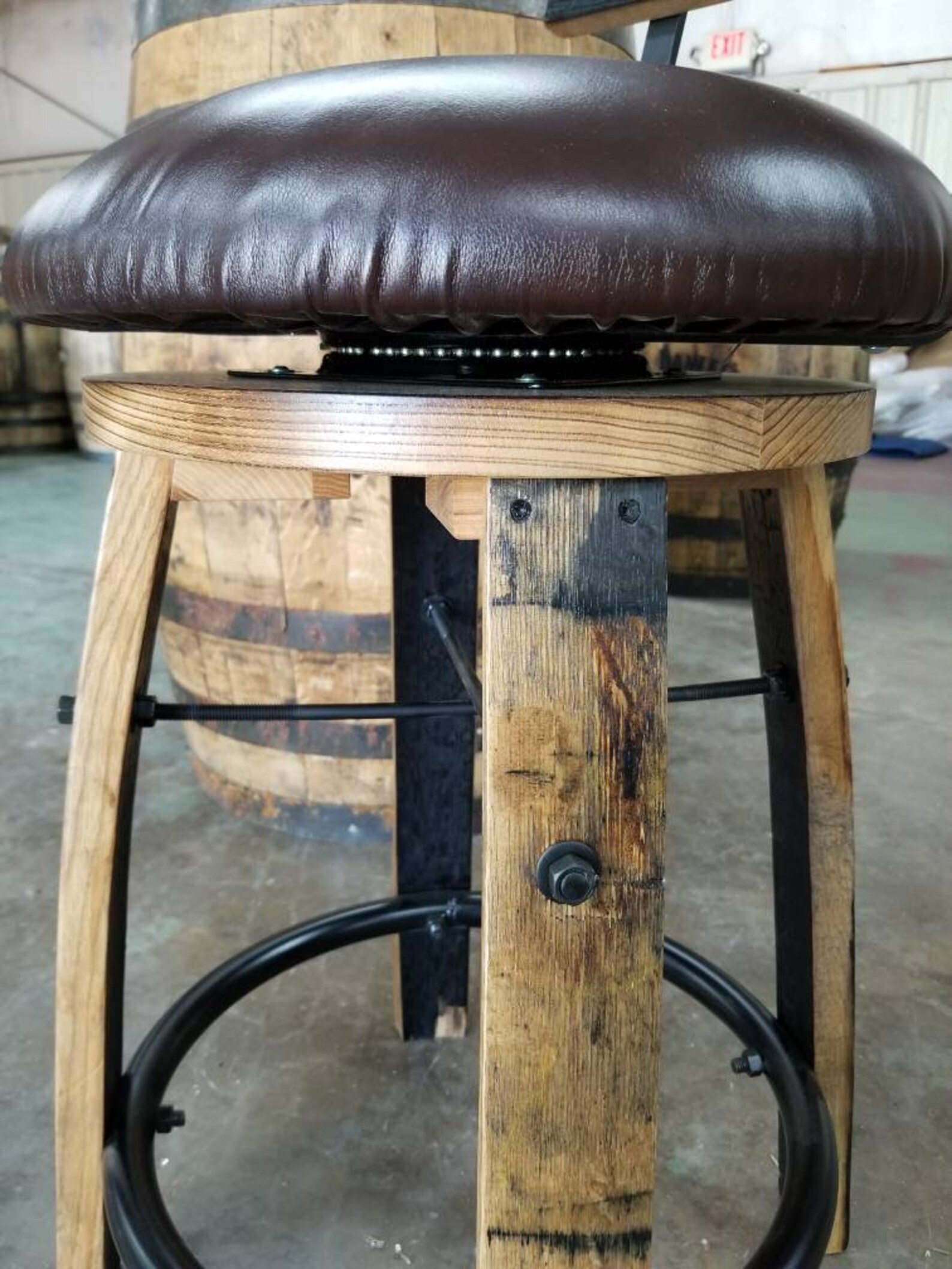 Whiskey Barrel Stave Bar Stool With Cushioned Swivel Seat, Footrest ...