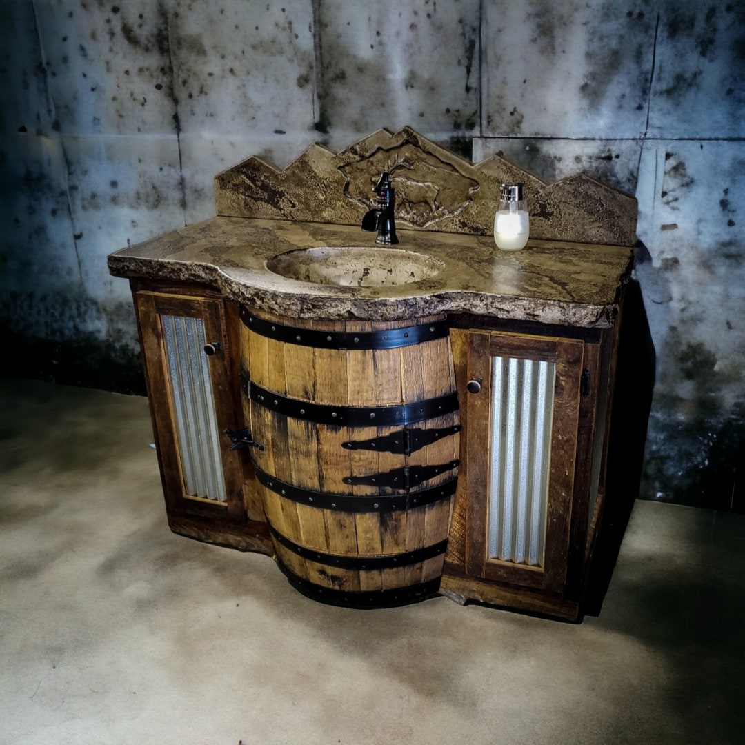 Whiskey Barrel Vanity – Concrete Top and Mountain Backsplash, Reclaimed ...