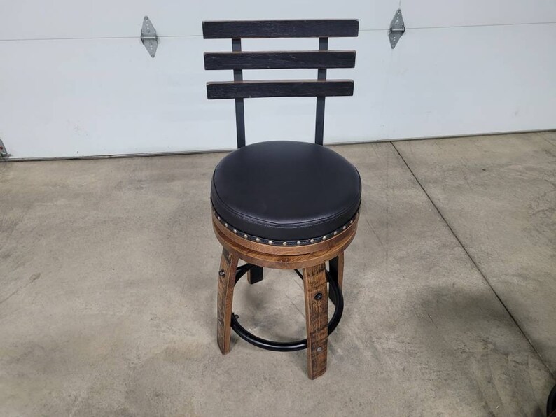 Whiskey Barrel Stave Bar Stool With Real Leather Cushioned Swivel Seat ...