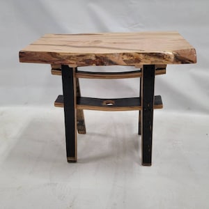 Live Edge Burnt Hickory End Table With Whiskey Barrel Stave Legs and ...