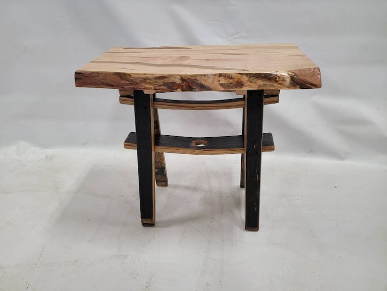 Live Edge Burnt Hickory End Table With Whiskey Barrel Stave Legs and ...