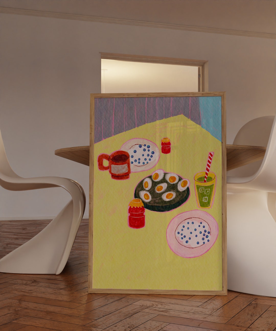 A Colorful Painting of Tablescape Breakfast Situation, Colorful Wall ...