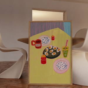 A Colorful Painting of Tablescape Breakfast Situation, Colorful Wall ...