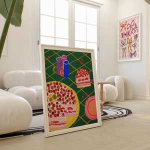 A Colorful Drawing of Strawberry Cake Poster, Colorful Wall Art ...
