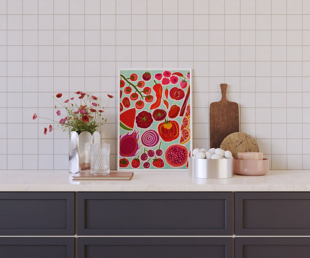 Red Fruits and Vegetables Poster: Colorful Kitchen Wall Art (digital ...