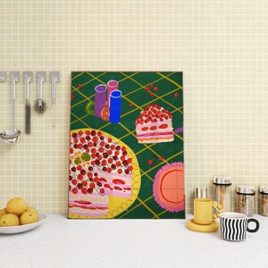 A Colorful Drawing of Strawberry Cake Poster, Colorful Wall Art ...
