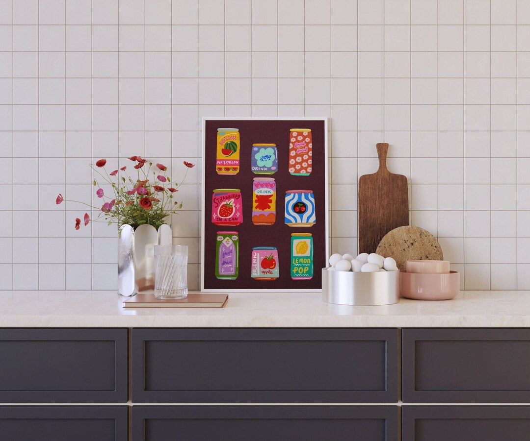Assorted Drink Can Illustration Poster | Colorful Wall Art | Kitchen ...