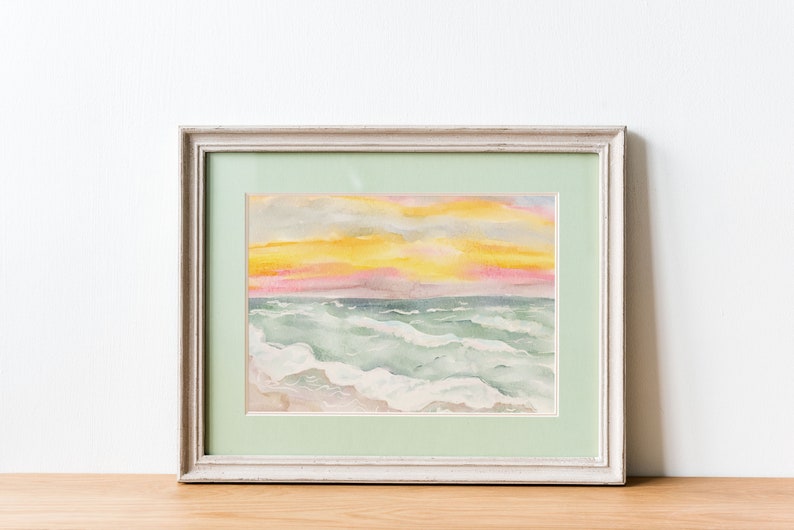 Sunset Beach Watercolor Painting, Colorful Wall Art, Scenery Printable ...