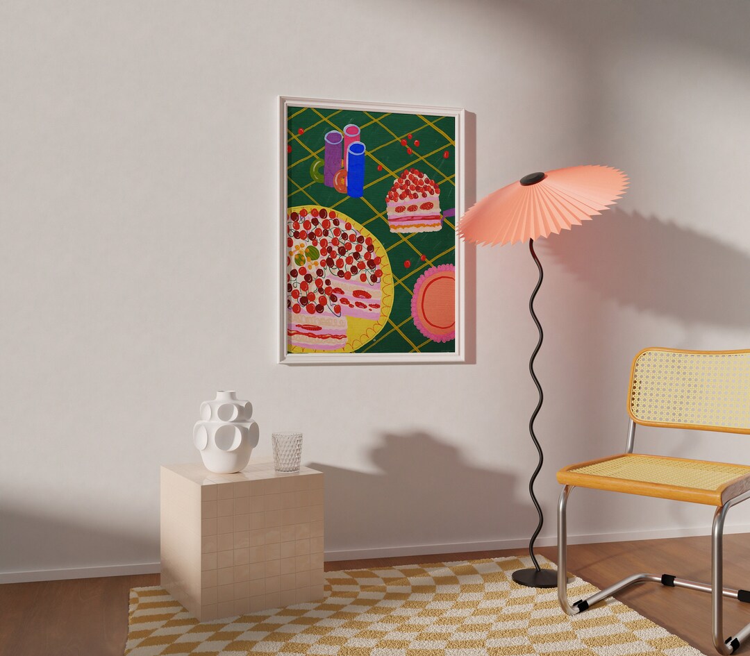A Colorful Drawing of Strawberry Cake Poster, Colorful Wall Art ...