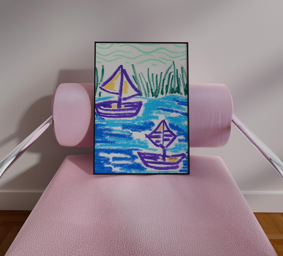 Ship Boat Oil Pastel Wall Art, Scenery Printable Art, Colorful Wall Art ...