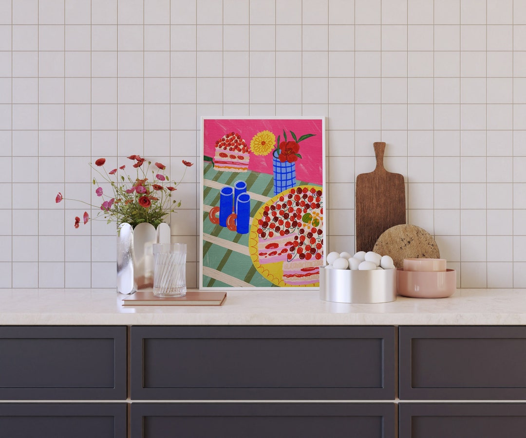 A Colorful Drawing of Strawberry Cake Poster, Colorful Wall Art ...
