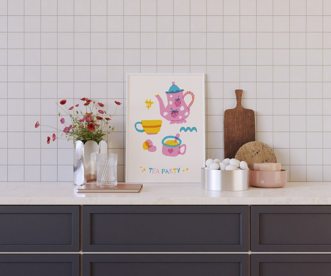 Colorful Tea Party Wall Art | Colorful Kitchen Art Print | Tea Cup ...