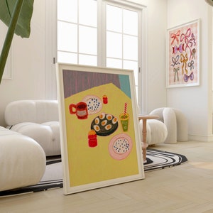 A Colorful Painting of Tablescape Breakfast Situation, Colorful Wall ...