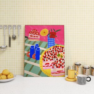 A Colorful Drawing of Strawberry Cake Poster, Colorful Wall Art ...
