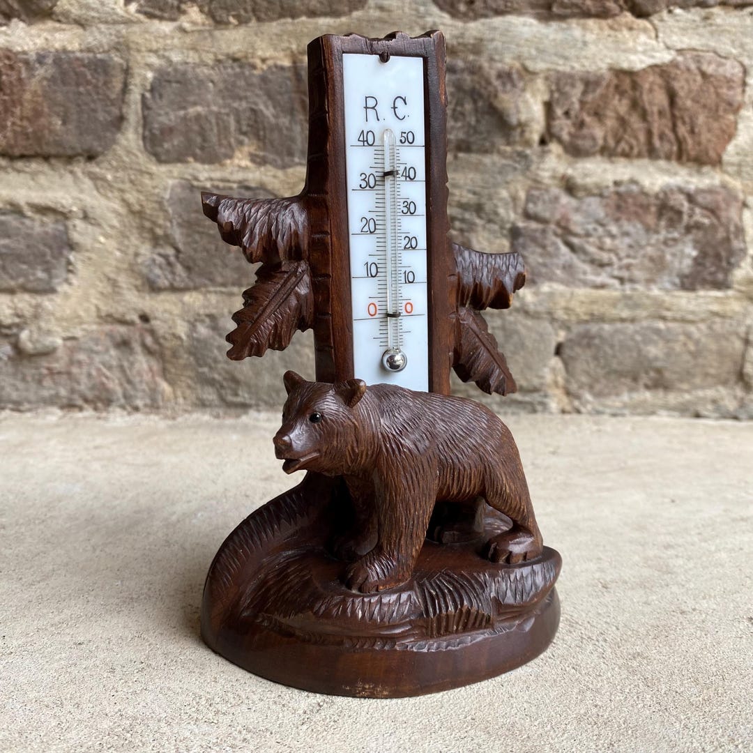 Antique Vintage 30s 1930s Black Forest Hand Carved Bear Thermometer ...