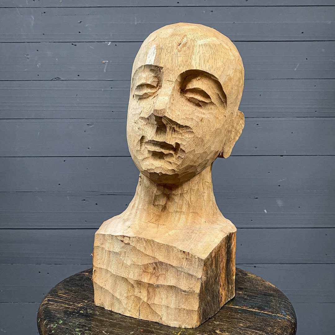 Vintage Brocante 50's Hand Carved Wooden Bust Sculpture Carving Head ...