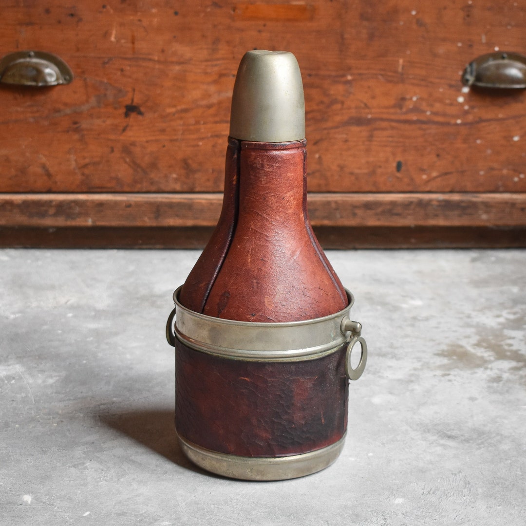 Antique Vintage 30s 1930s Leather Glass Triple Flask Bottle Field Set ...