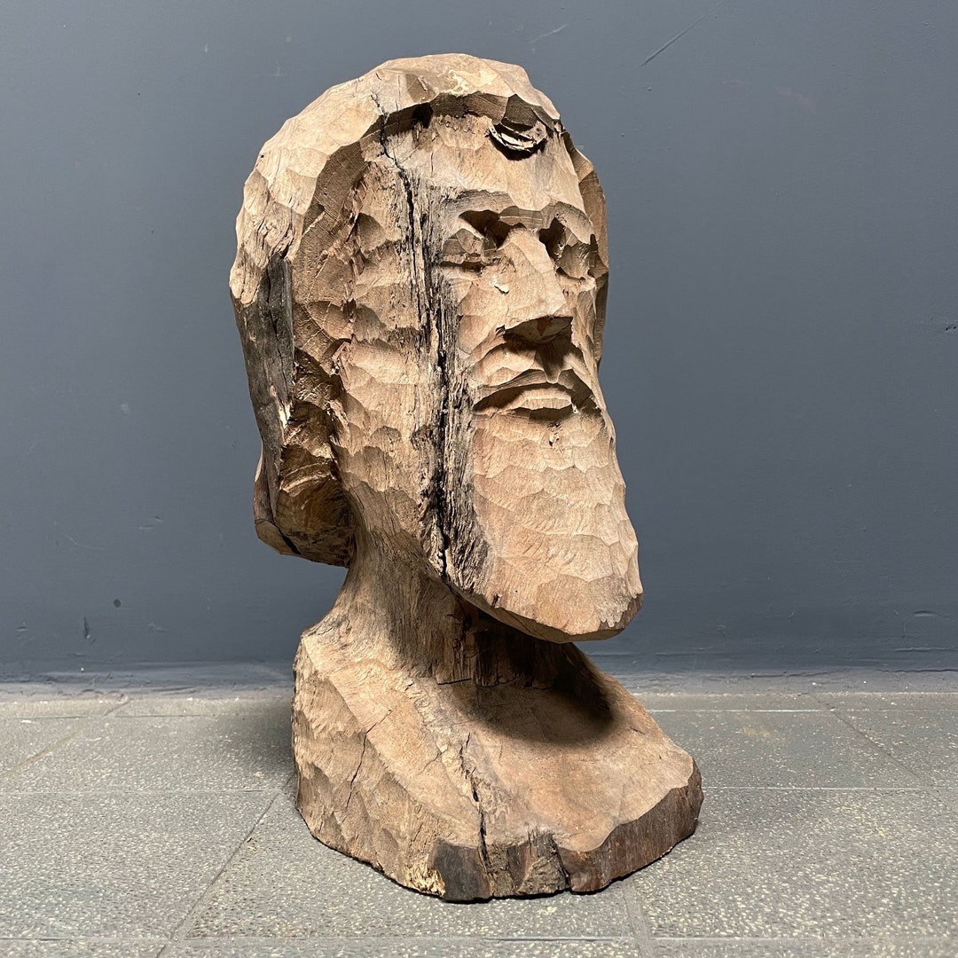 Vintage Brocante 50's Hand Carved Wooden Bust Sculpture Carving Head ...