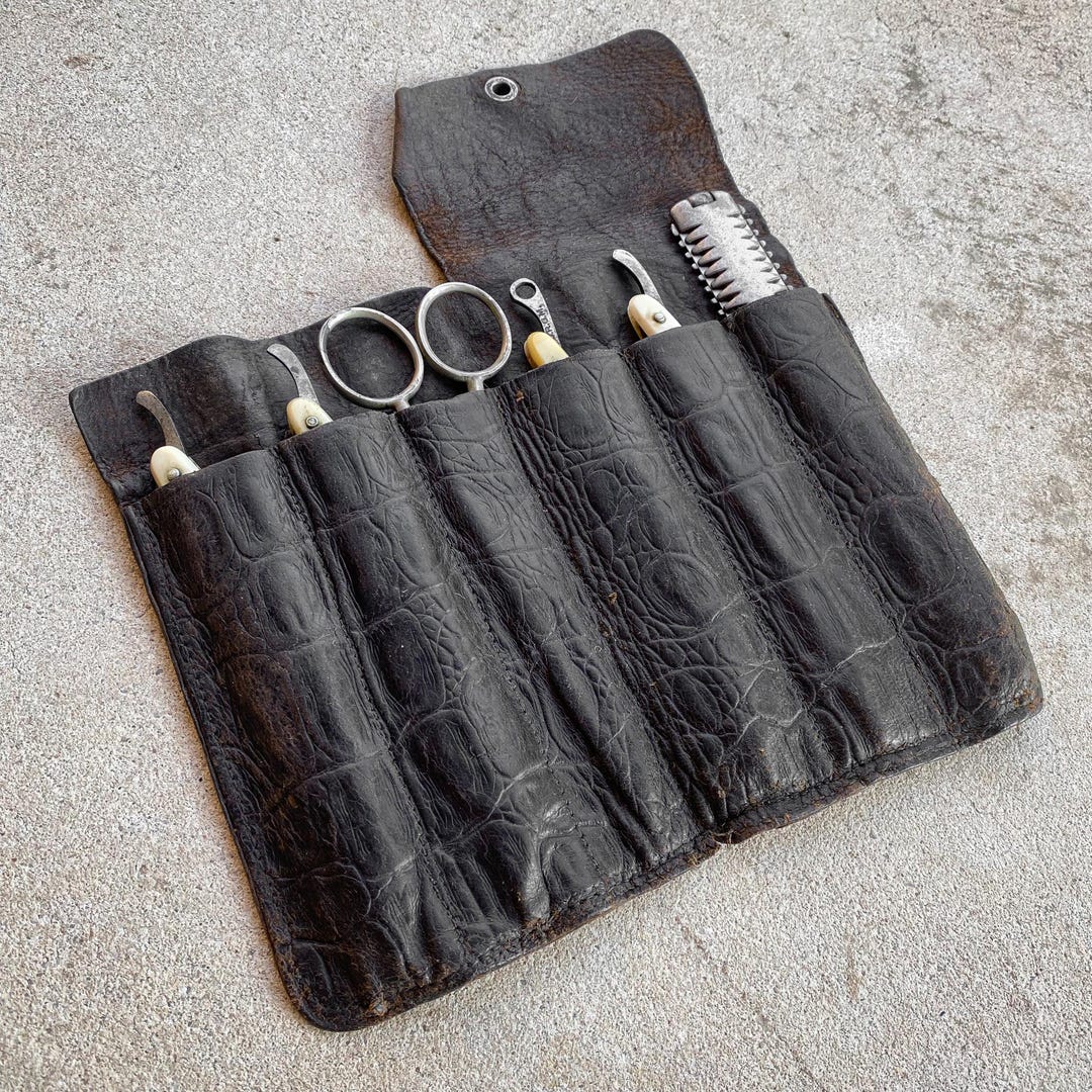 Antique Vintage 20s 1920s Barber Leather Tool Roll Pouch Straight Razor ...