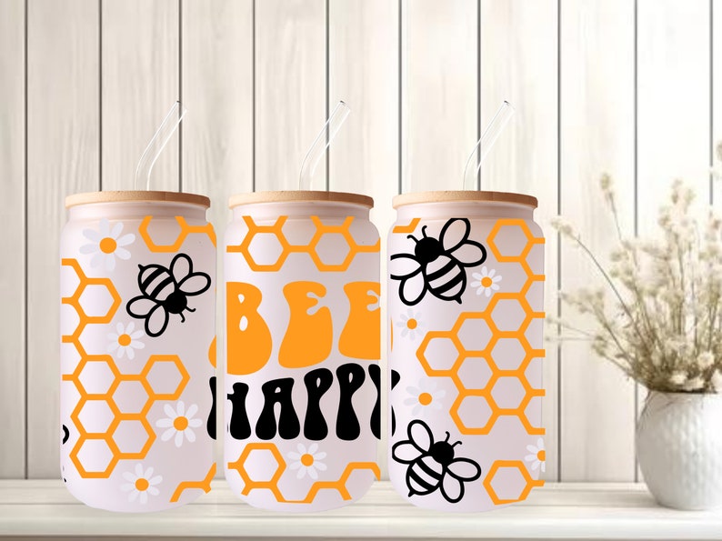 16oz Glass Cup Bee Happy Bumble Bee Save the Bees Bee Cup Bee Keeper ...
