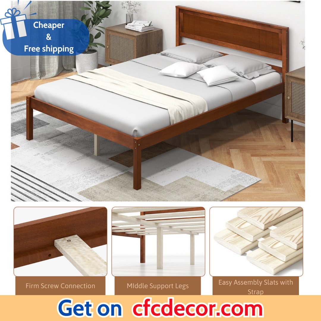 Wooden Platform Bed Frame With Headboard Mattress Foundation Full Size ...