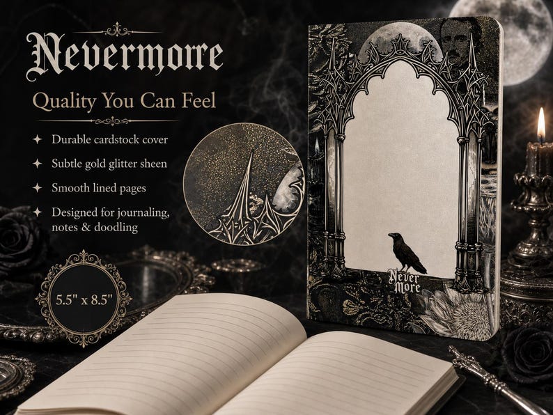 Gothic Raven Notebook, 5.5 X 8.5 Lined Journal, Gold Glitter Cover - Etsy