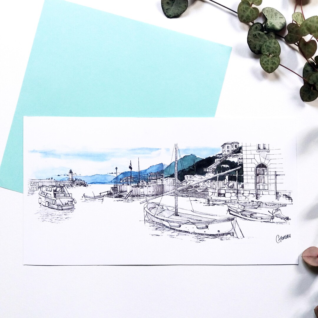 Map Postcard Camogli, Italy Harbour Illustration, Drawing Ink ...