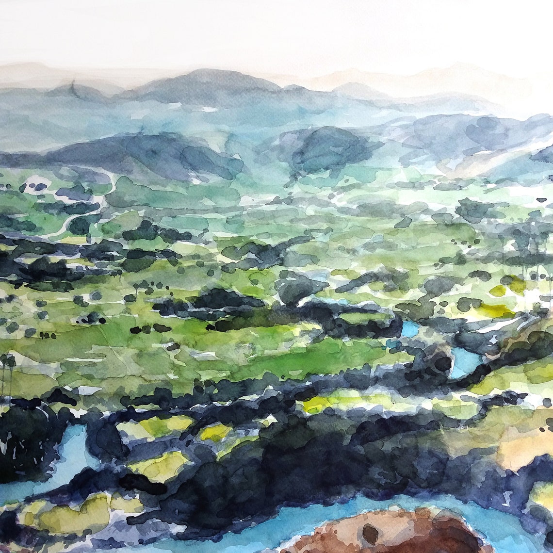 Aquarelle originale grand format, fresque paysage, tableau grand format ...