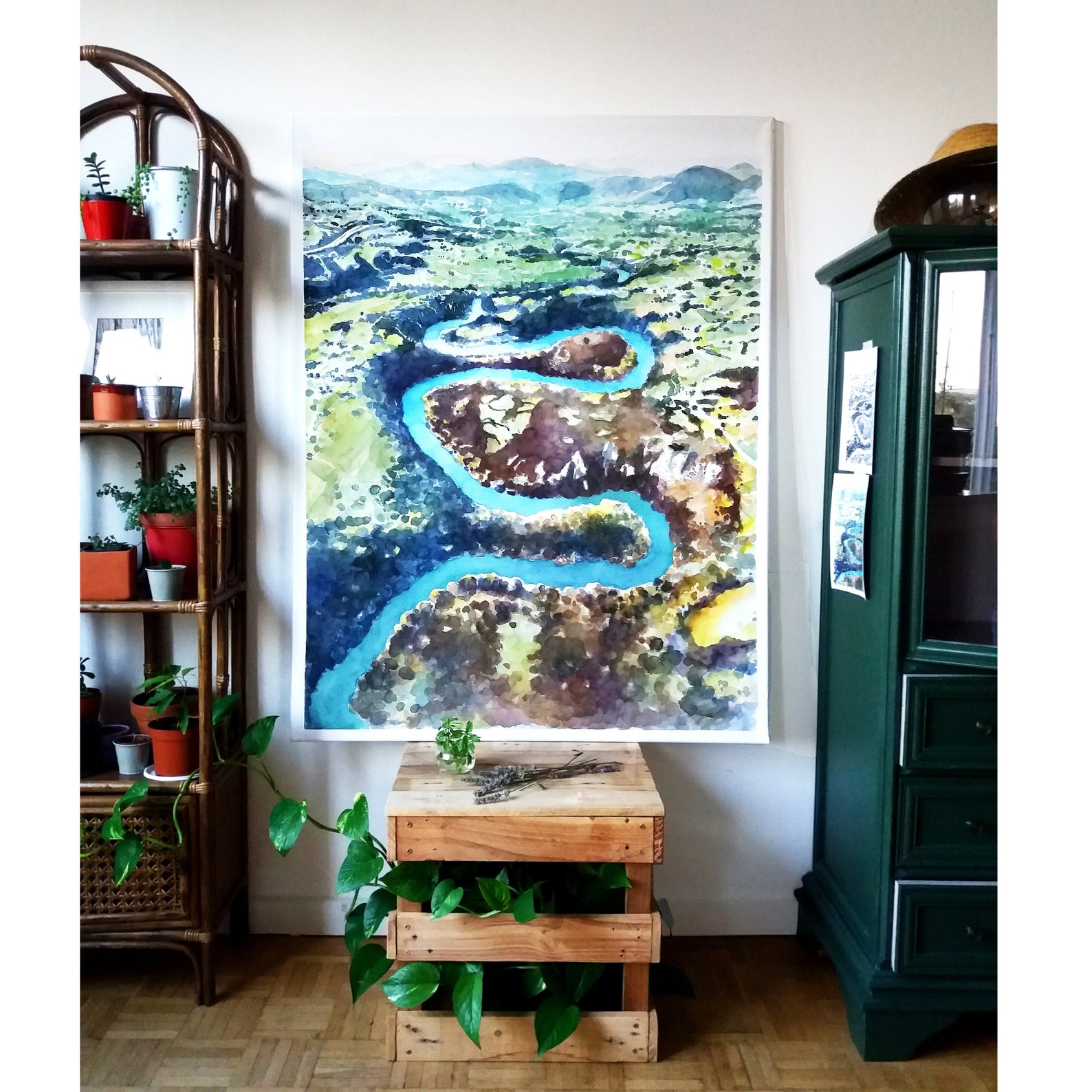 Aquarelle originale grand format, fresque paysage, tableau grand format ...