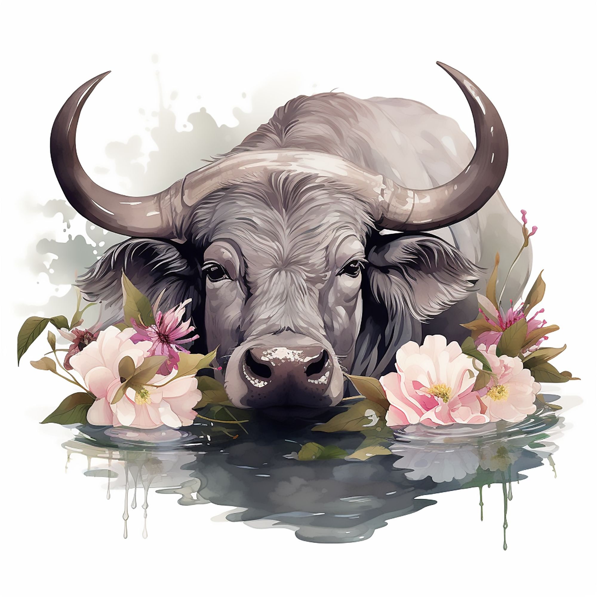 Floral Water Buffalo Clipart Bundle: Artistic PNG Images (digital ...