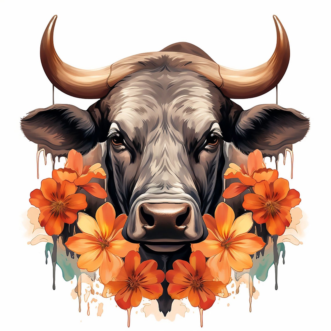 Floral Water Buffalo Clipart Bundle: Artistic PNG Images (digital ...